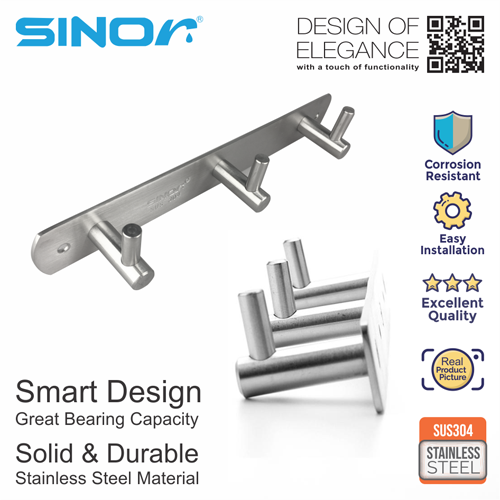 SINOR BF-9015-3 SUS 304 Stainless Steel Wall-Mount Rack 3-Hock ...