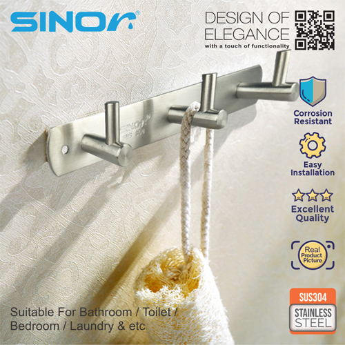 SINOR BF-9015-3 SUS 304 Stainless Steel Wall-Mount Rack 3-Hock ...