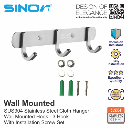 SINOR BF-9016-3 SUS 304 Stainless Steel Wall-Mount Rack 3-Hock ...