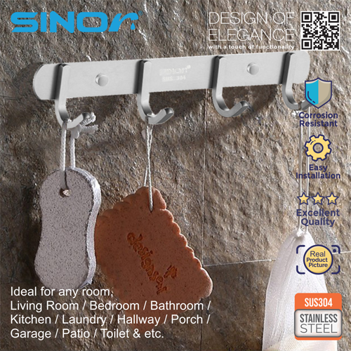 SINOR BF-9016-4 SUS 304 Stainless Steel Wall-Mount Rack 4-Hock ...