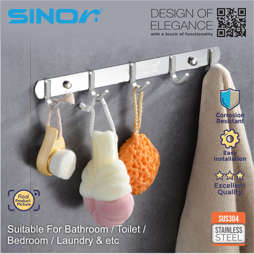 SINOR BF-9016-5 SUS 304 Stainless Steel Wall-Mount Rack 5-Hock ...