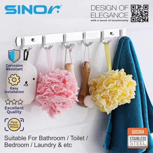 SINOR BF-9016-6 SUS 304 Stainless Steel Wall-Mount Rack 6-Hock ...