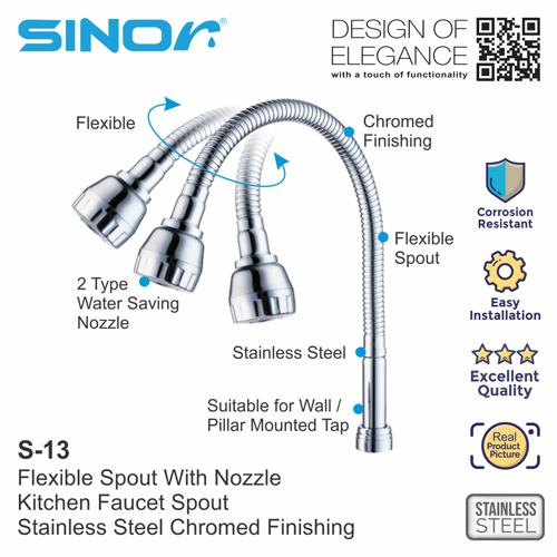 Sinor S-13 Stainless Steel Flexible Spout With Nozzle Kitchen Sink Tap ...