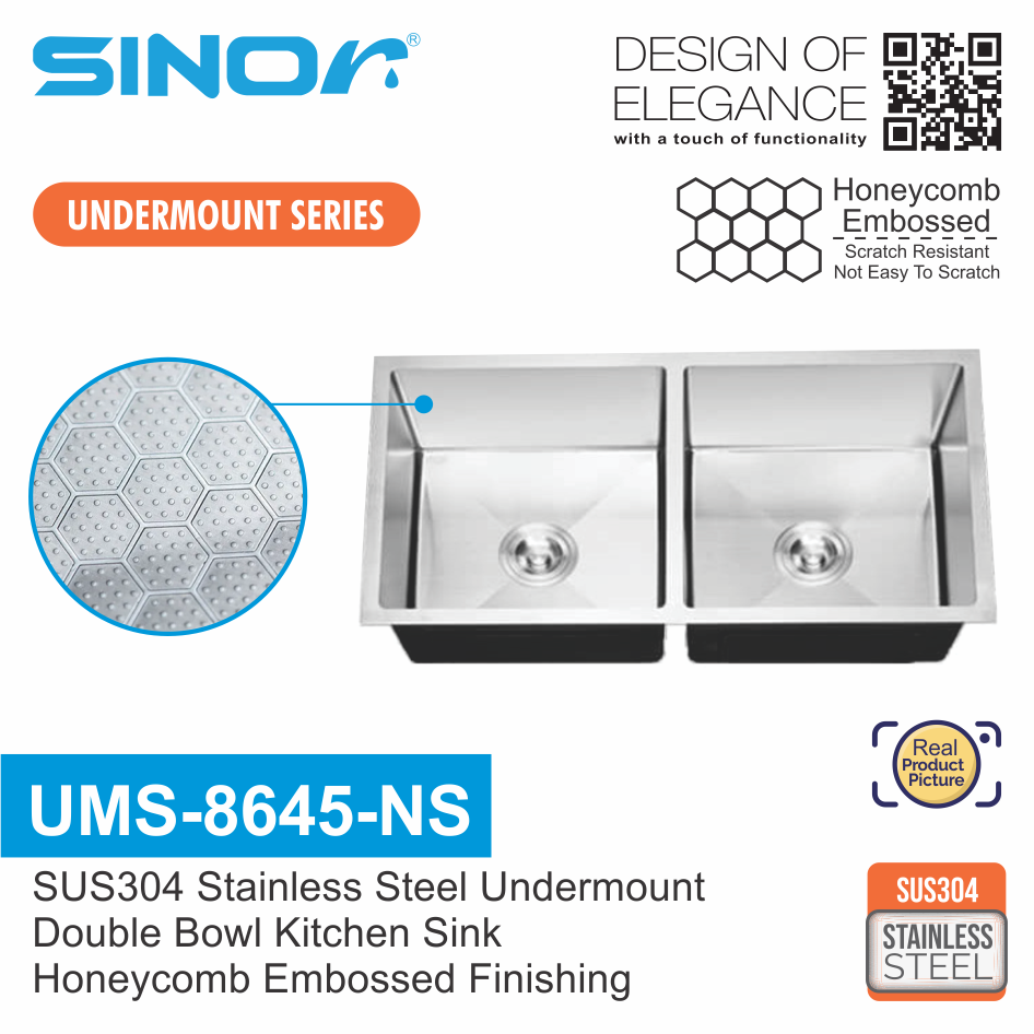 Sinor UMS-8645-NS SUS304 Stainless Steel Undermount Double Bowl Kitchen ...